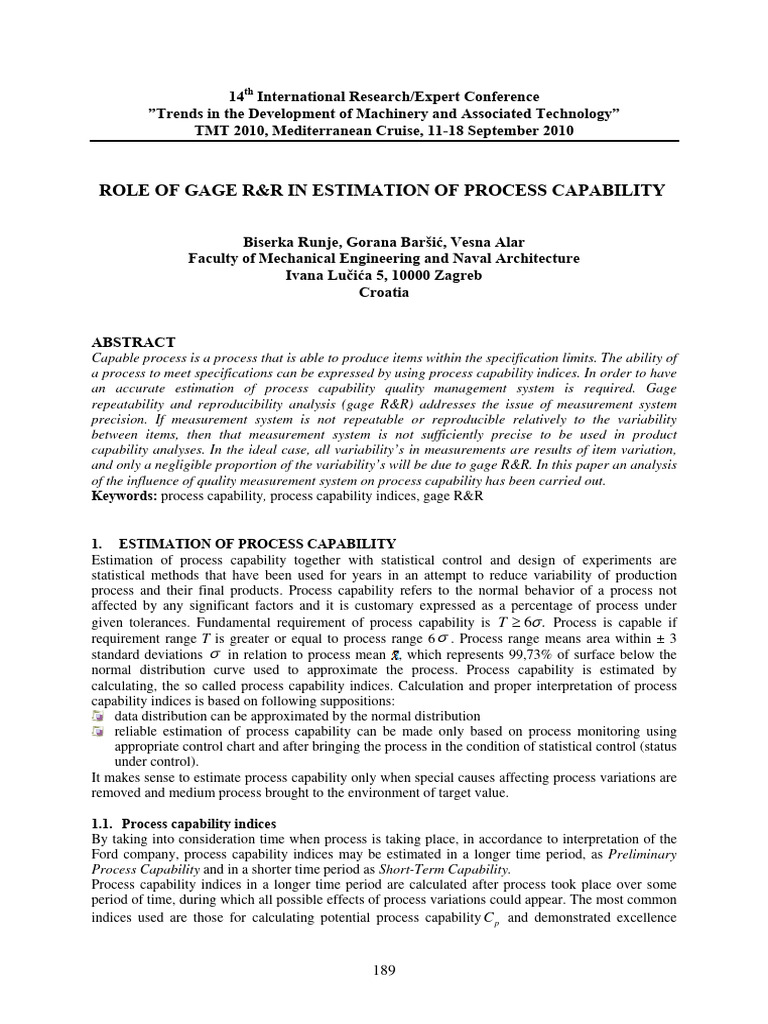 Role of Gage R&R in Estimation of Process Capability | PDF | Engineering Tolerance | Standard ...