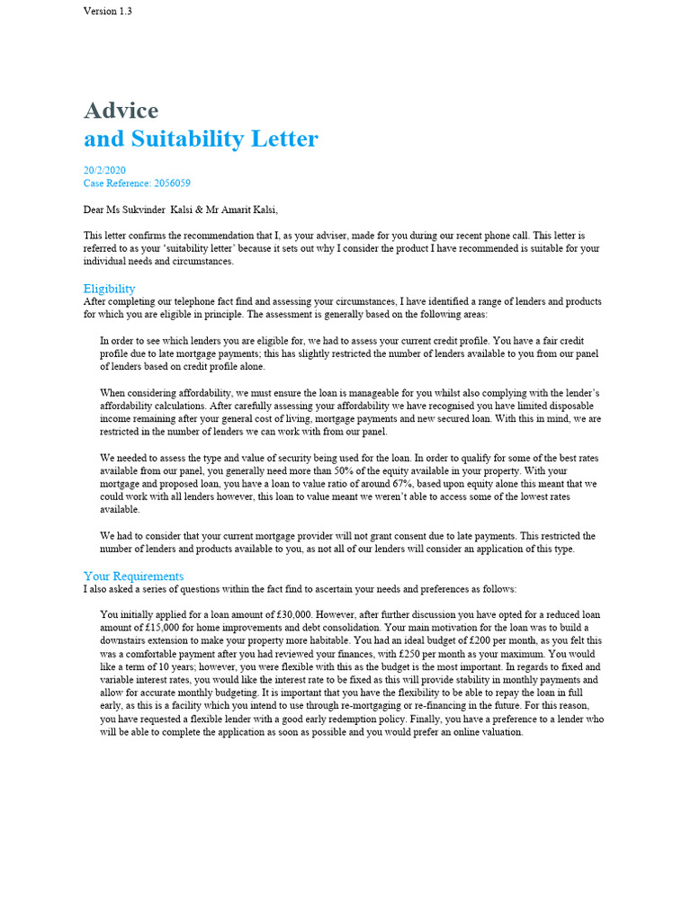 And Suitability Letter: Advice | PDF | Cost Of Living | Loans