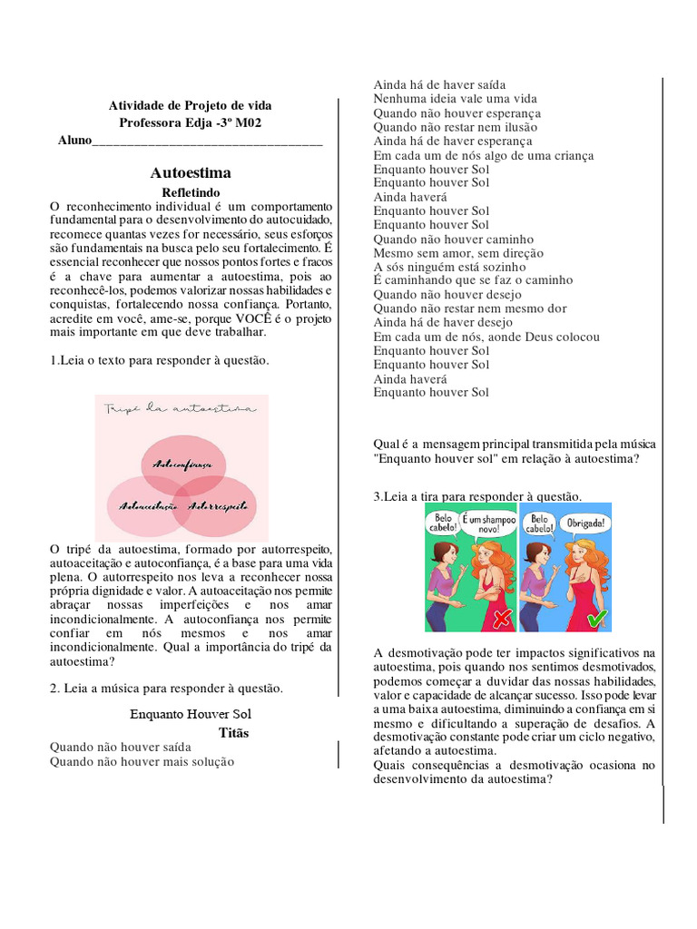 Atividade de Projeto de vida | PDF | Autoestima | Amor