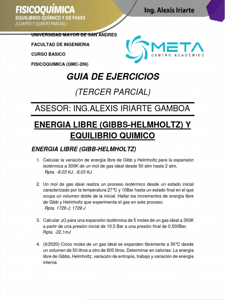 Guía Ejercicios Fisicoquímica: Energía Libre y Equilibrio | PDF | Energía libre de Gibbs | Gases