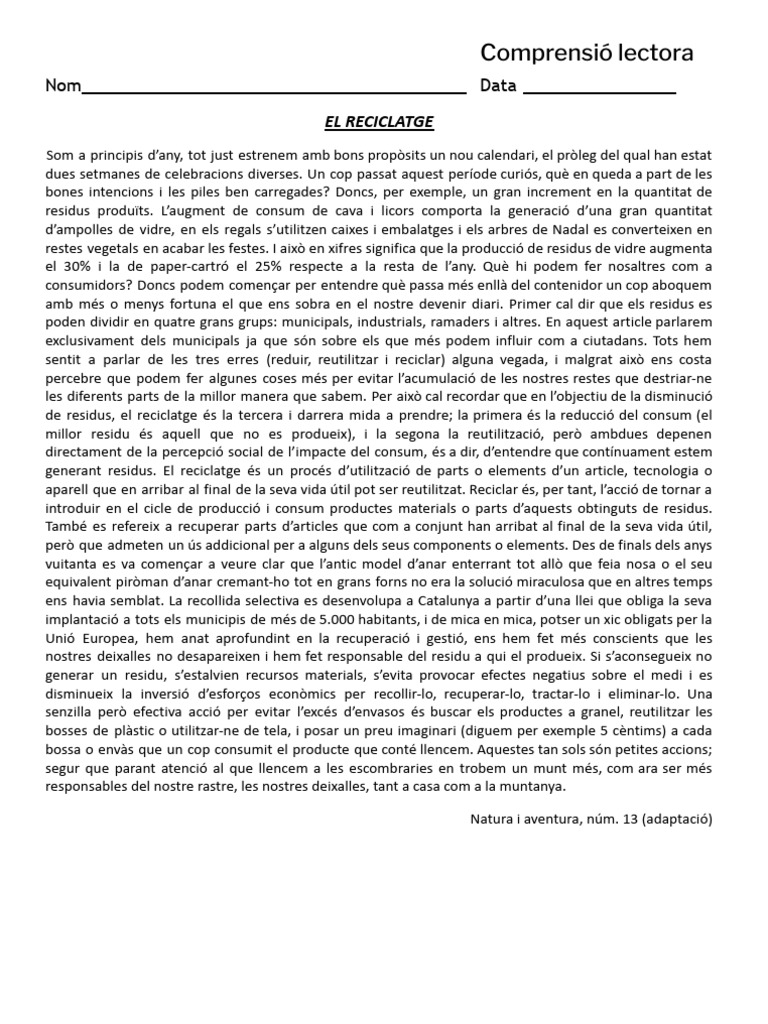 Comprensió Lectora - Reciclatge | PDF