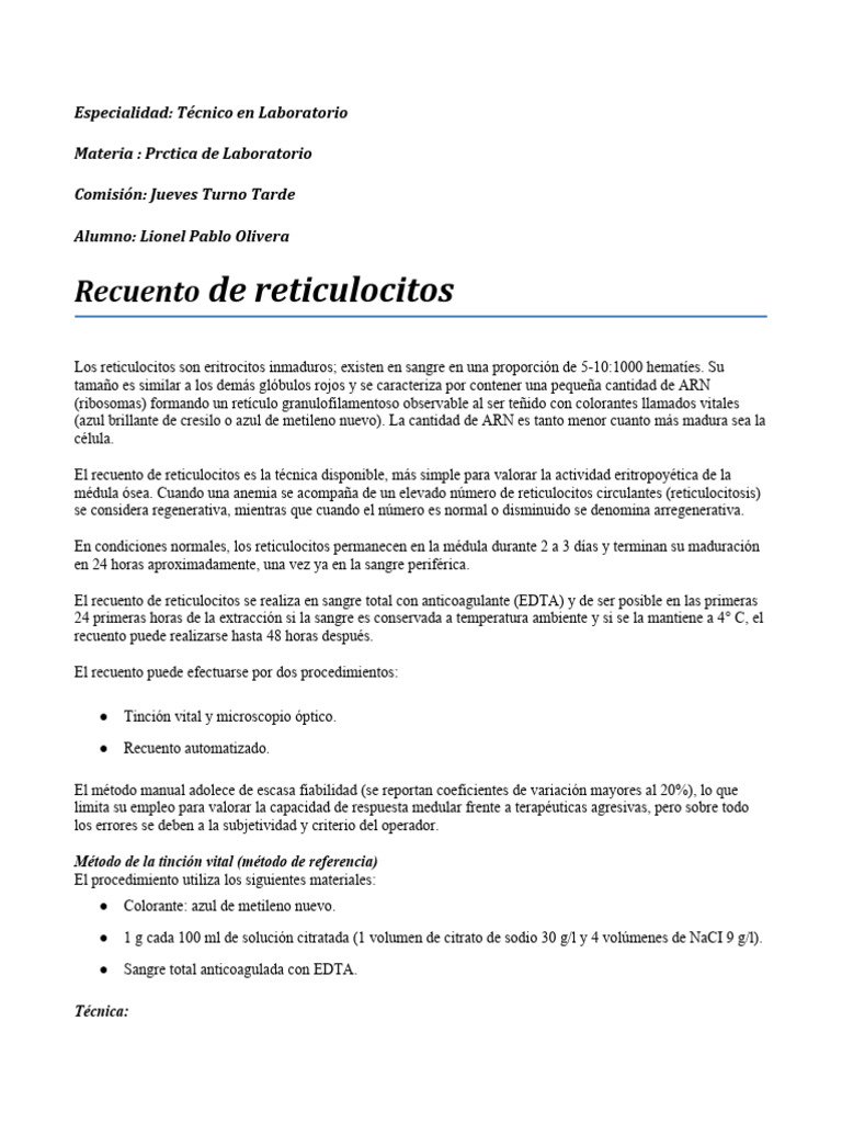 Recuento de Reticulocitos | PDF | Histología | Tejido (biología)