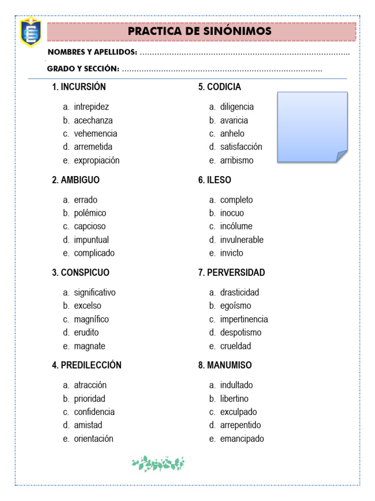 Practica de Sinónimos | PDF