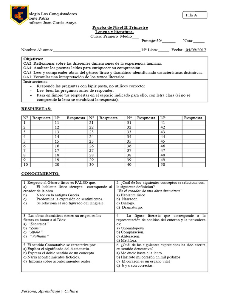 Prueba Nivel 1M - II Trimestre FA | PDF | Rima | Metáfora