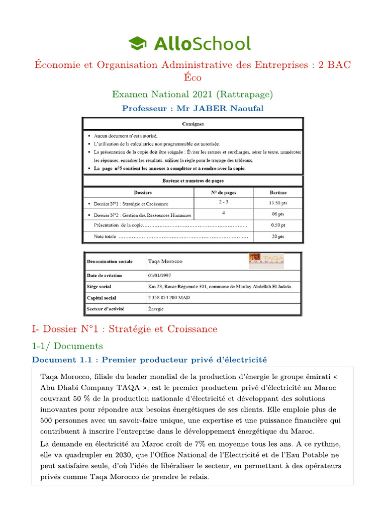 Orga 2bac Eco Examen National 2021 Rattrapage 2 | PDF
