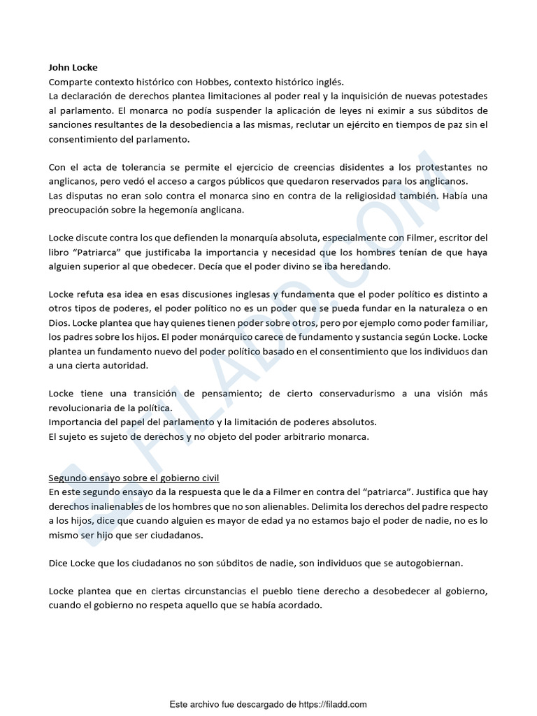 Locke y el Poder Político: Libertad y Derechos | PDF | John Locke | La ...