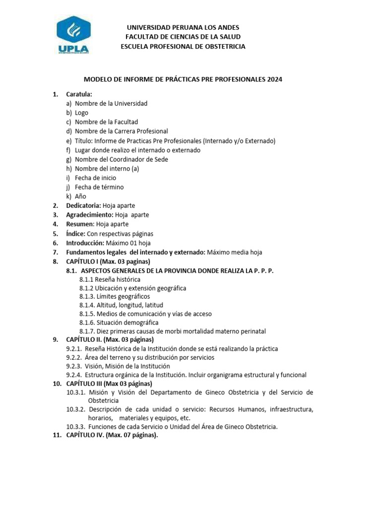 Modelo para El Informe de Practicas Pre Profesionales 2024 - Obstetricia | PDF