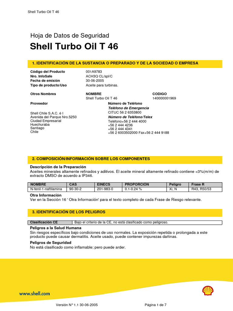 Hoja de Seguridad Shell Turbo Oil T 46 | PDF | Toxicidad | Toxicología