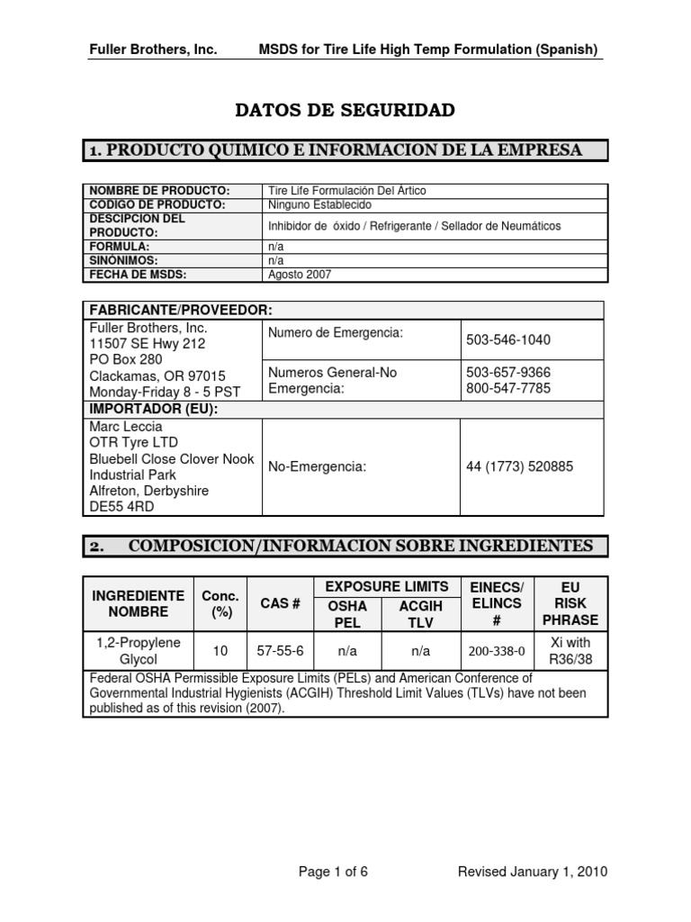 MSDS Tire Life: Formulación Alta Temperatura | PDF | Agua | Combustión