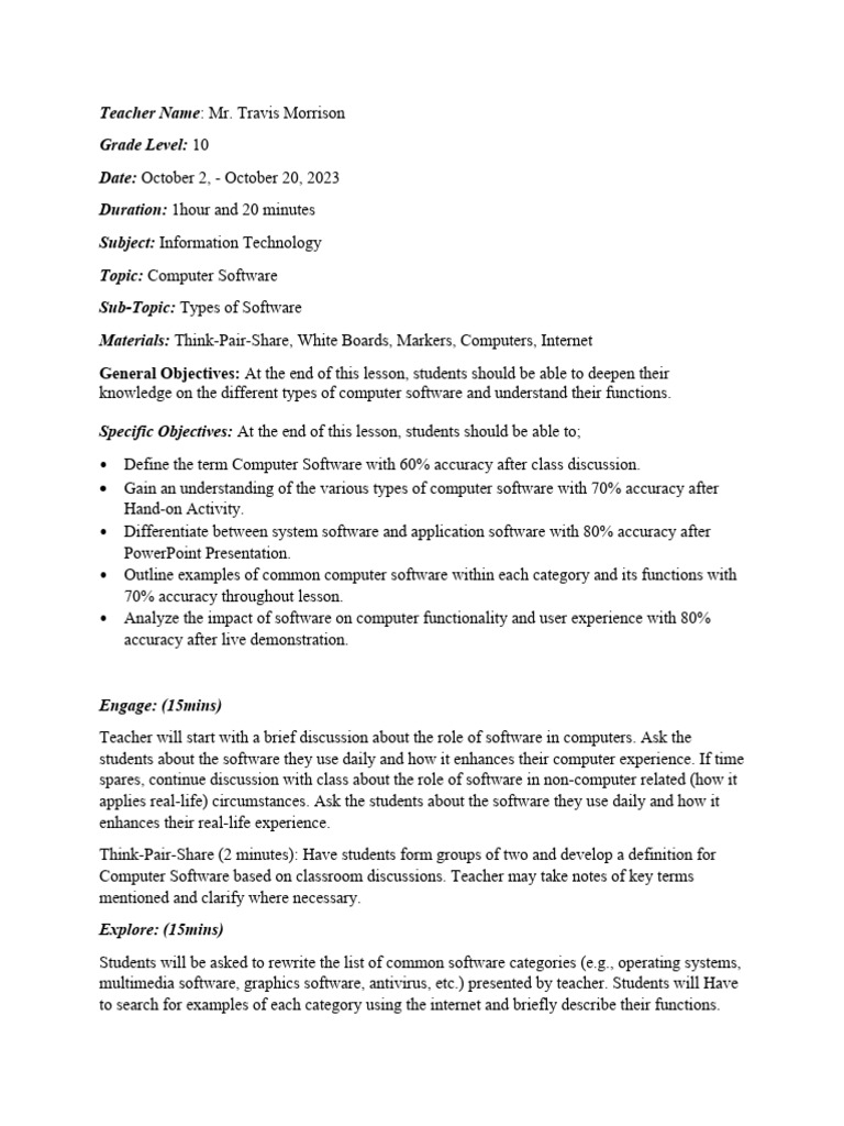 Grade 10 Types of Software lesson plan ( oct) | Download Free PDF ...