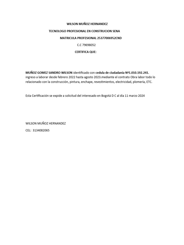Certificación Laboral en Construcción | PDF