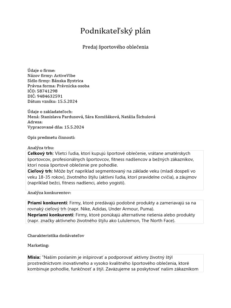 Podnikateľský Plán SSN | PDF