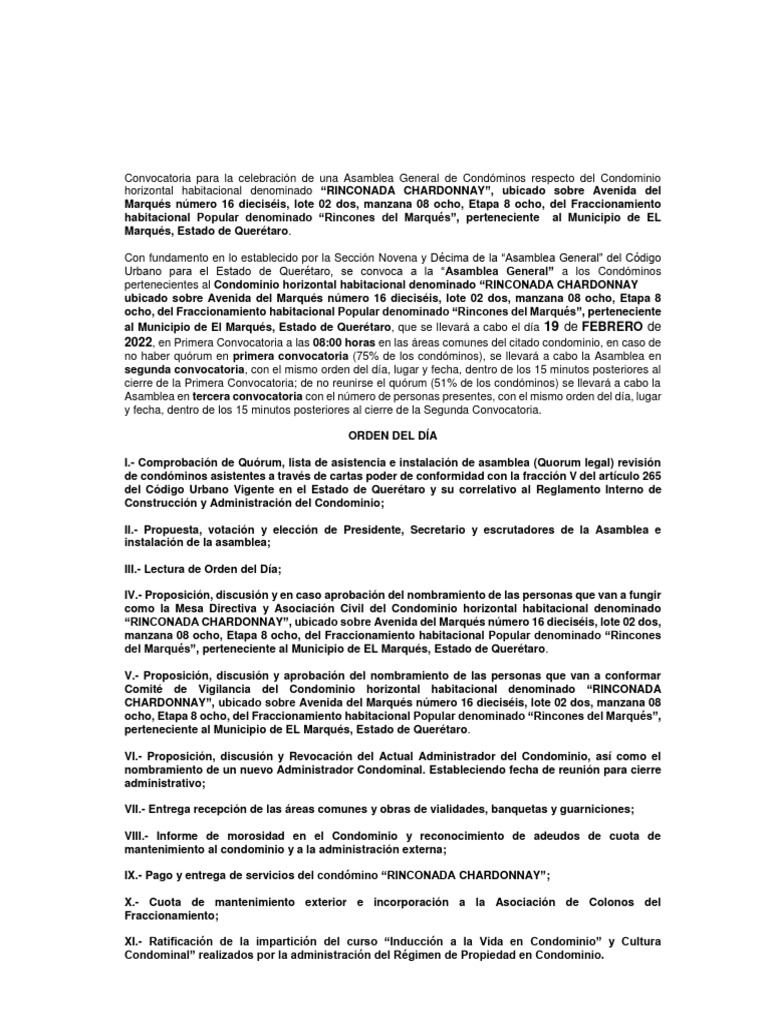 Convocatoria Asamblea Qro - Chardonnay (00000002) | PDF | Condominio