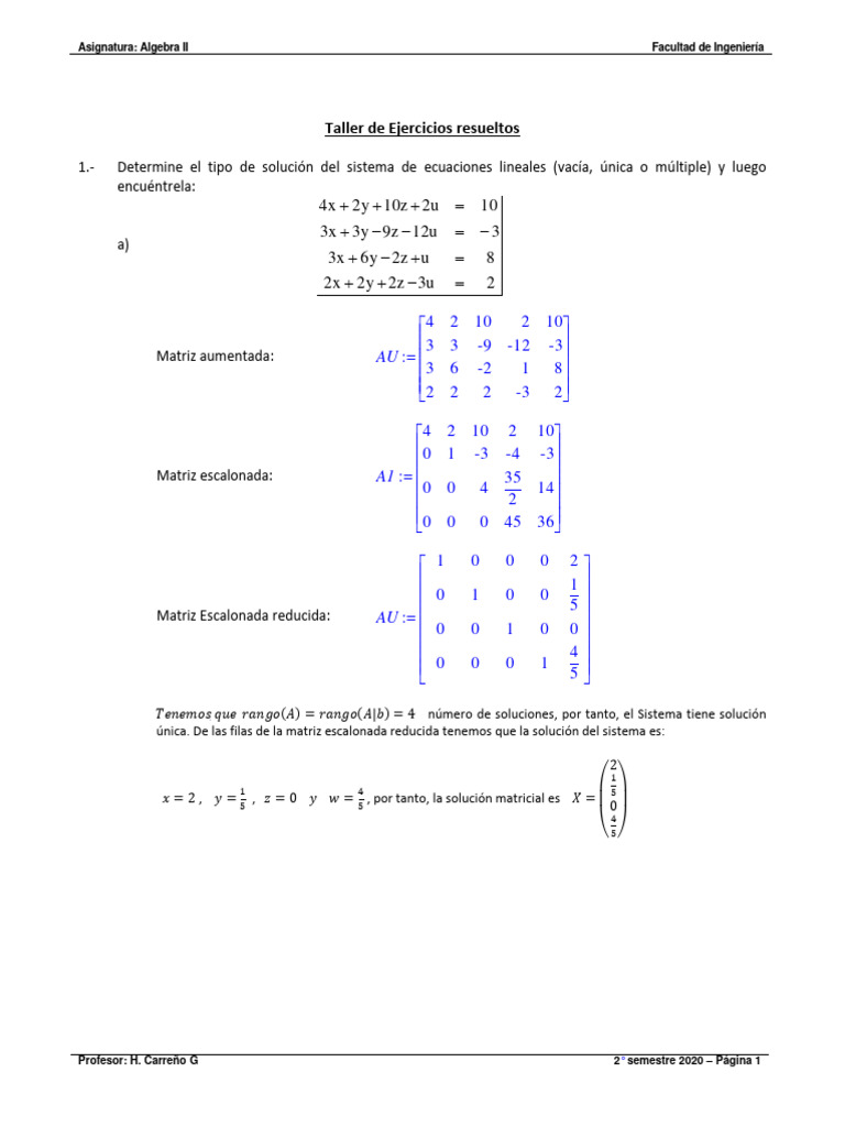 Taller de Ejercicios Resueltos - Algebra II - 2020-02 | PDF | Matriz (Matemáticas) | Física ...