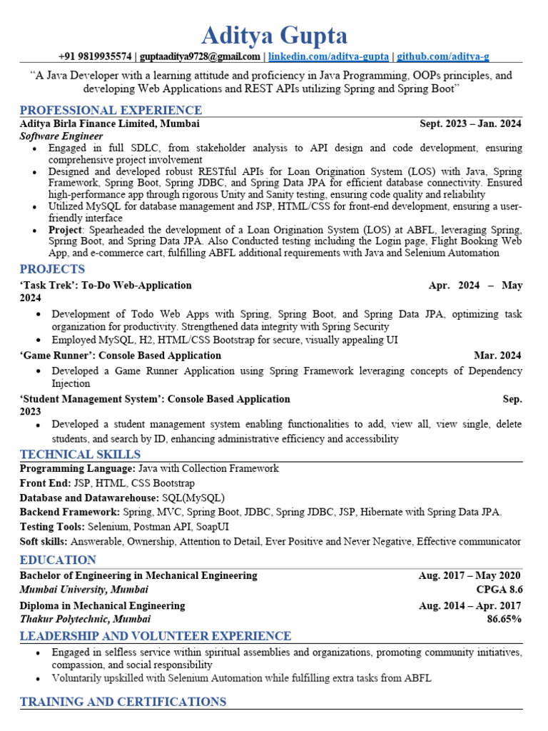 Aditya Gupta JavaDeveloper | Download Free PDF | Web Application | Spring Framework