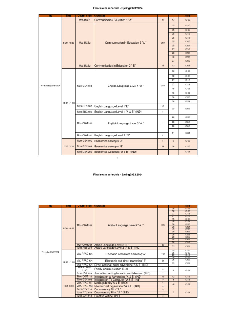 Final Exams Schedule - Spring 2023-2024.xlsx Rooms | PDF | Journalism ...
