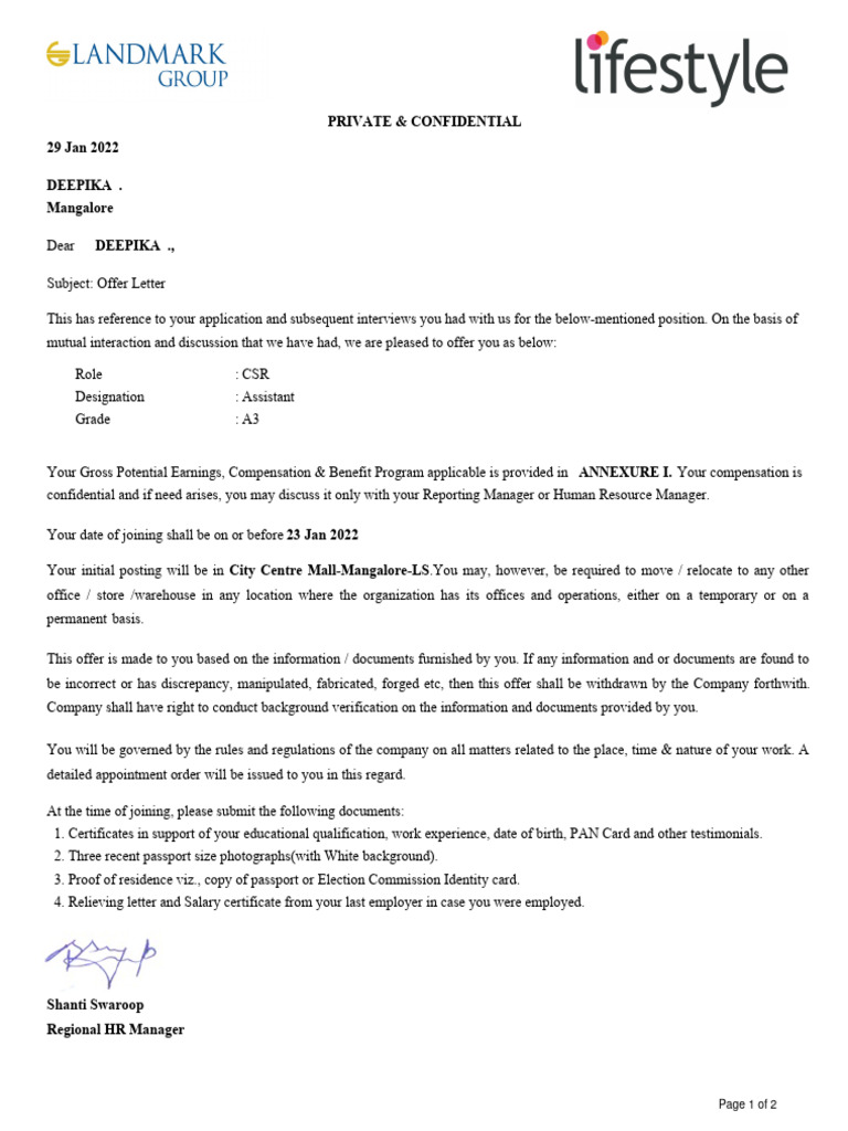 Lifestyle Offer Letter | PDF | Employment | Insurance