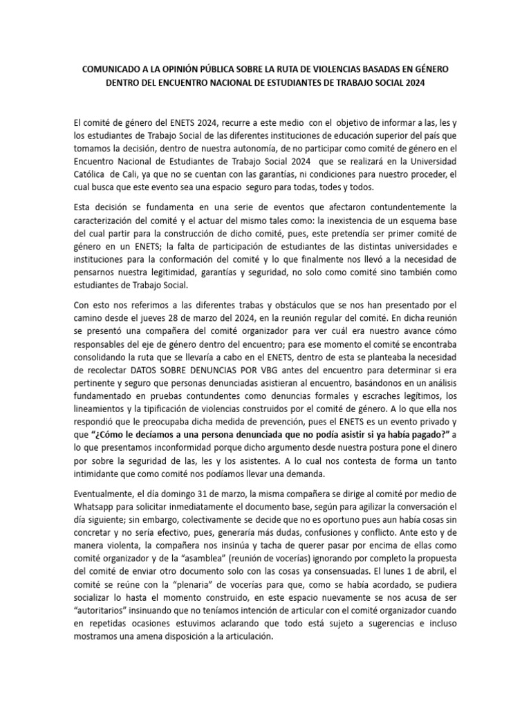 Comunicado Sobre La Ruta de Violencias Basadas en Genero Dentro Del Encuentro Nacional de ...