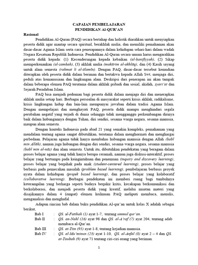 Capaian Pembelajaran PAQ Kelas X | PDF | Agama & Spiritualitas