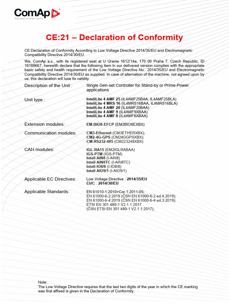 CE Declaration for Gen-set Controllers | PDF | Electrical Engineering ...