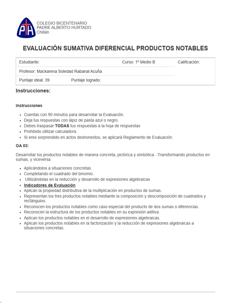 Evaluación de Productos Notables 1º Medio | PDF | Matemáticas | Álgebra
