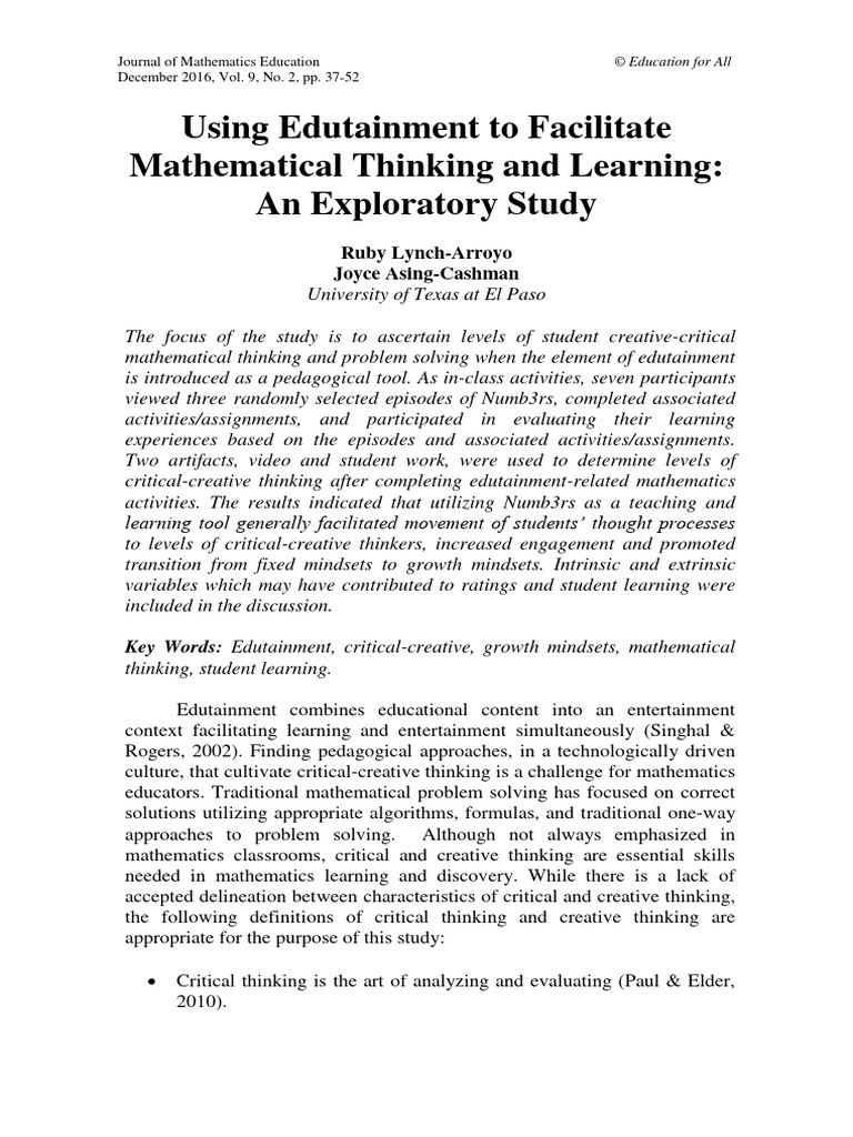 Using Edutainment To Facilitate Mathematical Thinking and Learning An ...
