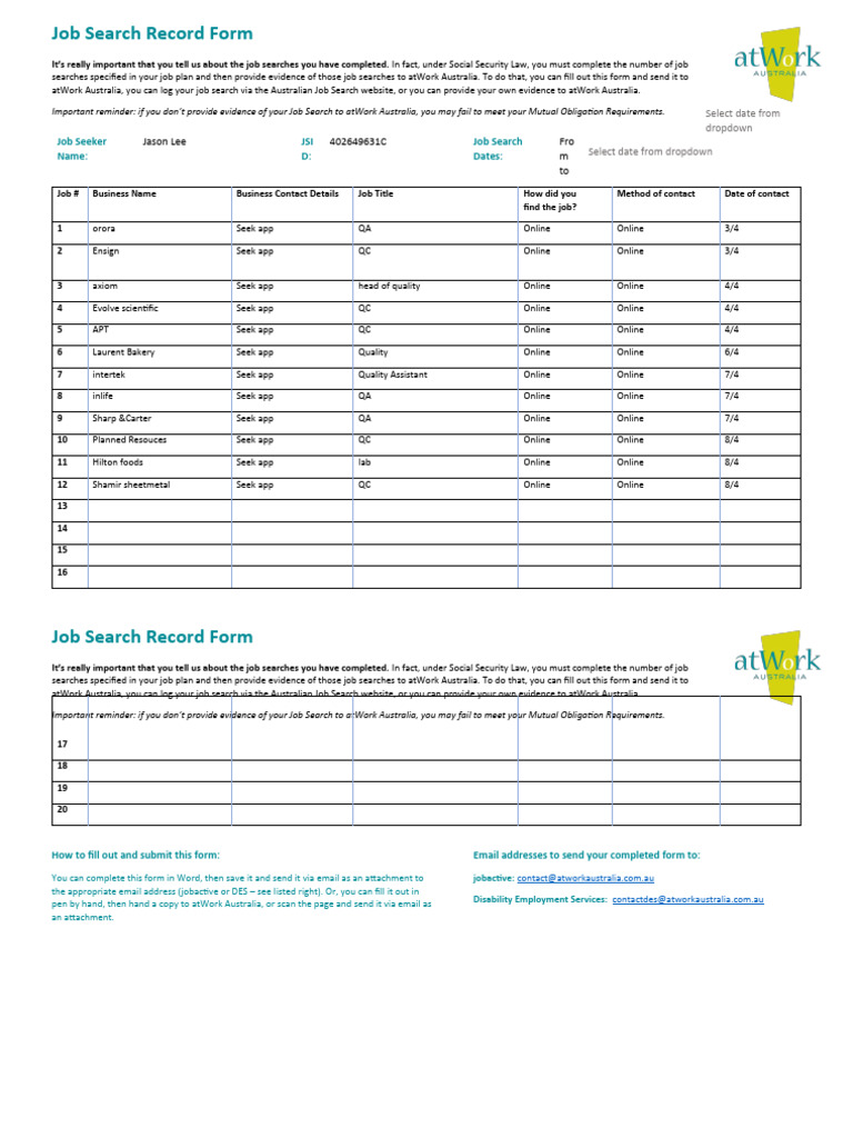 Atwork Australia Job Search Record Form v2 1 1 | PDF