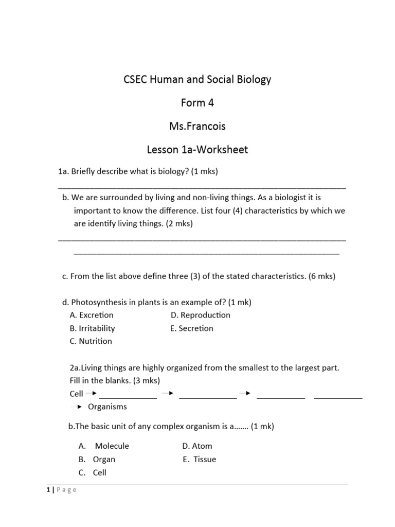 HSB Form 4 Worksheet 1a - Livingthings | PDF | Osmosis | Diffusion