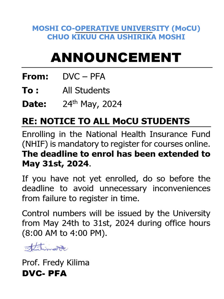 Student Annoucement-Nhif Registration Deadline | PDF