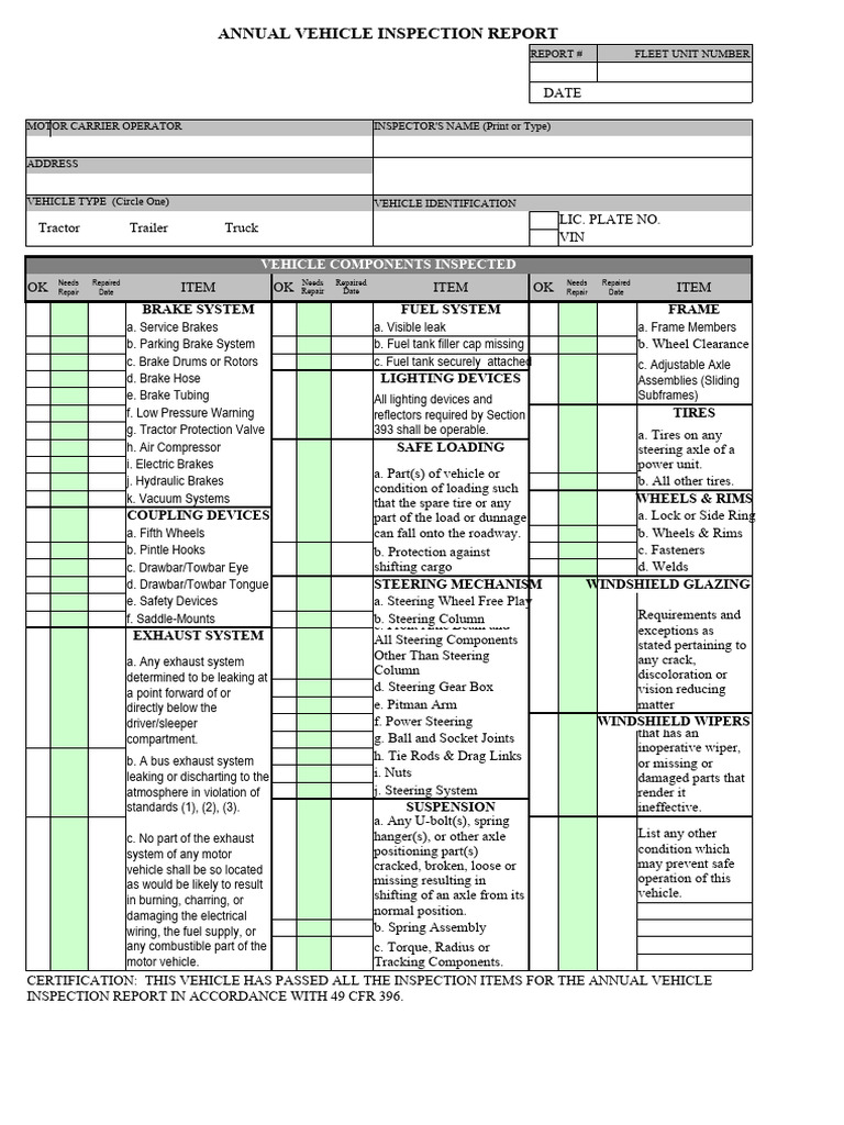 Annual Vehicle Inspection Report | PDF | Brake | Steering