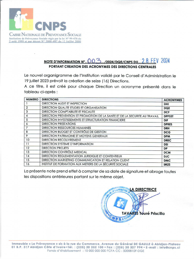 Les Acronymes Des 16 Directions de L'institution | PDF