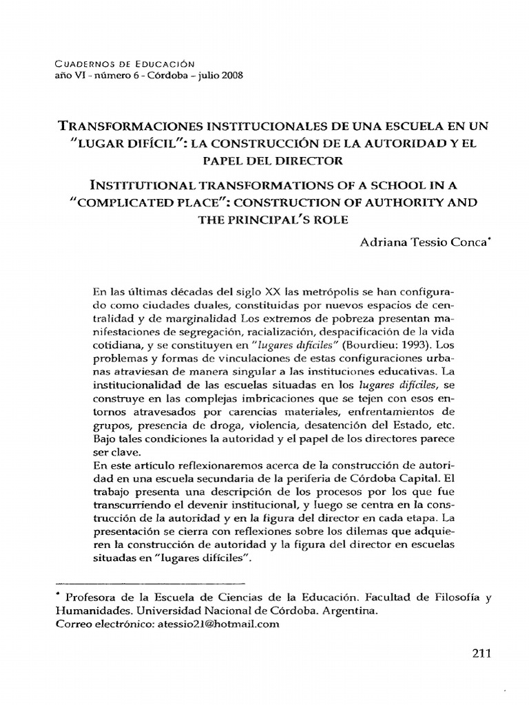 Transformaciones Institucionales de una escuela en un lugar dificil. La ... Transformaciones Institucionales de una escuela en un lugar dificil. La ...