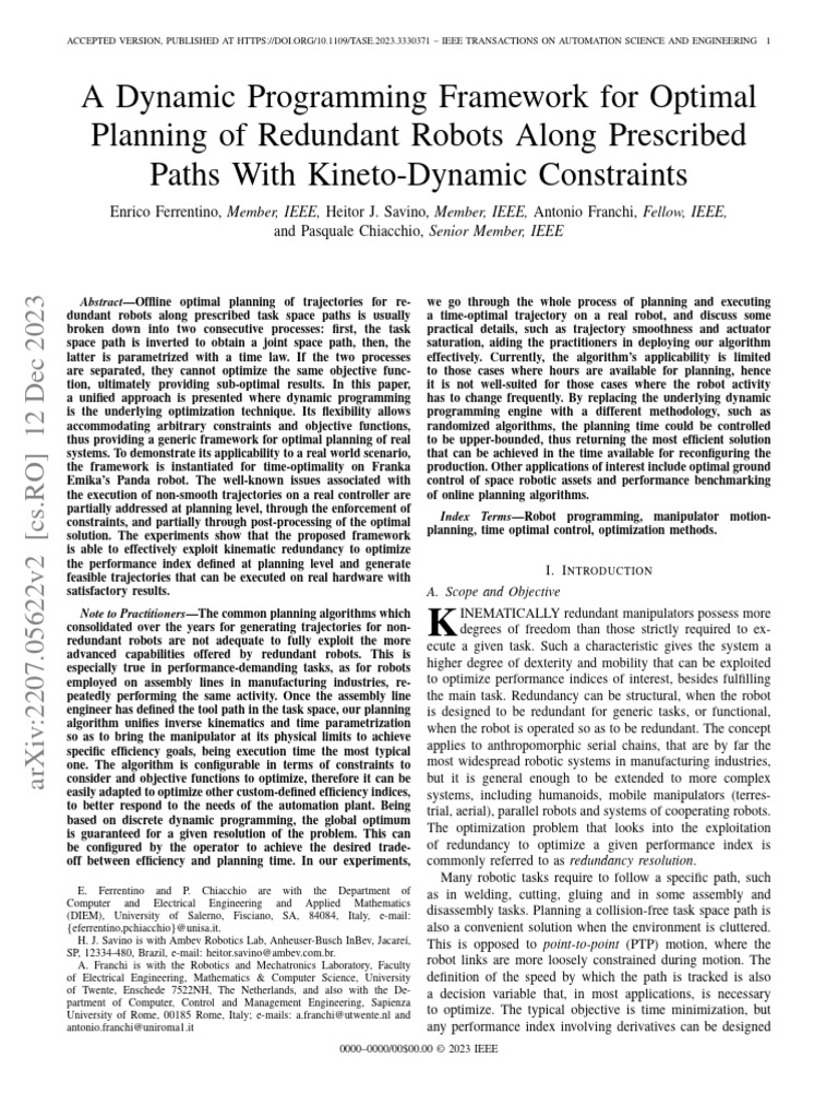 A Dynamic Programming Framework For Optimal Planning of Redundant Robots Along Prescribed Paths ...