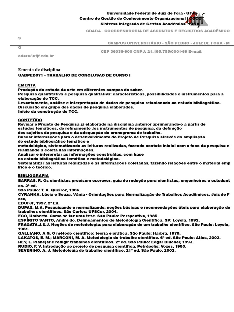 Ementa e Programa de Curso - TCC 1 | PDF | Science | Bibliografia