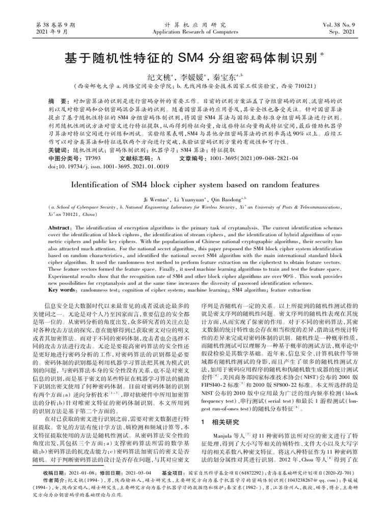 Identification of sm4 Block Cipher System Based On Randomness Characteristics - 2021 | PDF