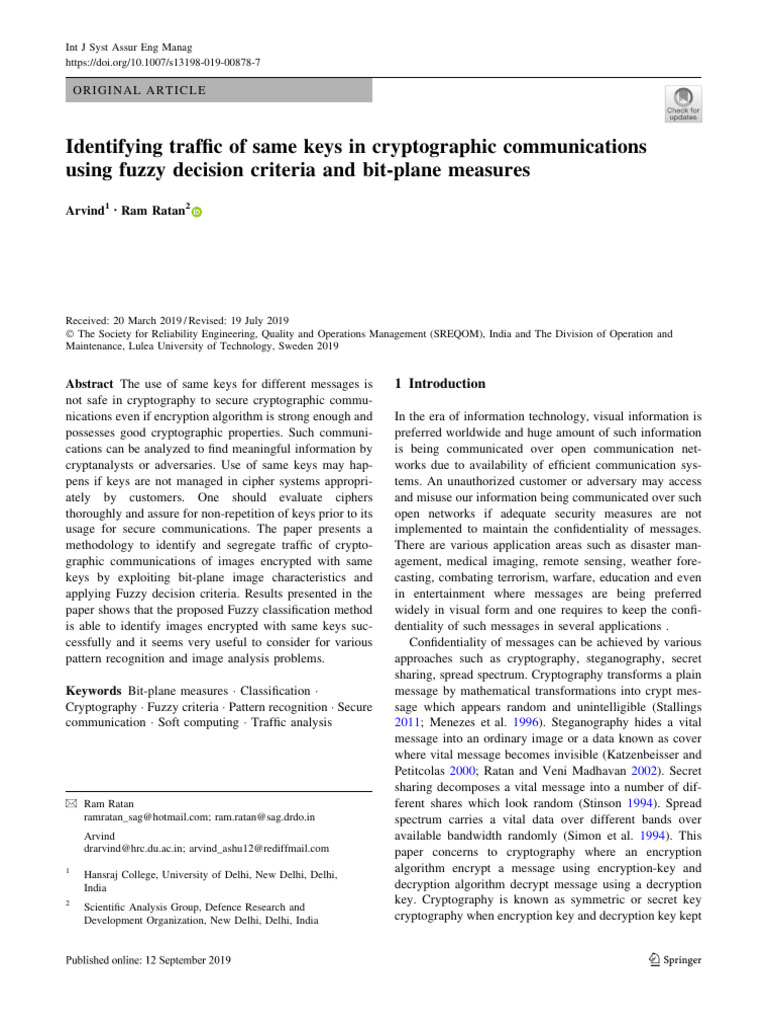 Identifying Traffic of Same Keys in Cryptographic Communications Using Fuzzy Decision Criteria ...