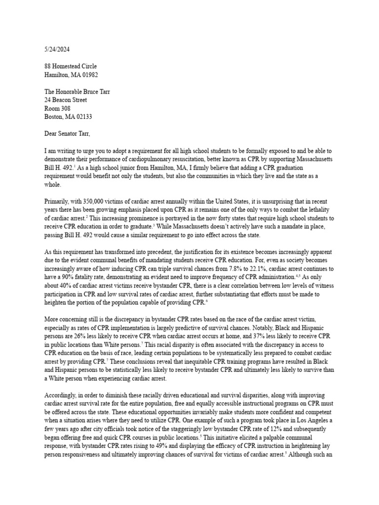 senator tarr letter | PDF | Cardiopulmonary Resuscitation | Cardiac Arrest