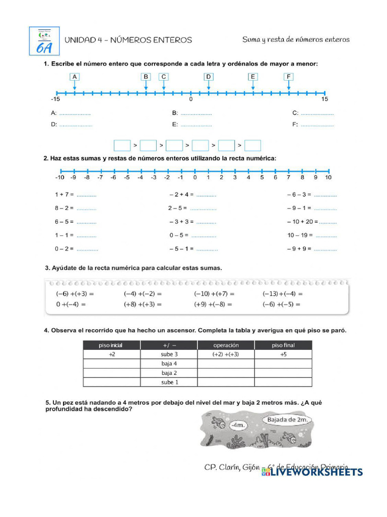 Ejercicios Números Enteros 6 Primaria | PDF