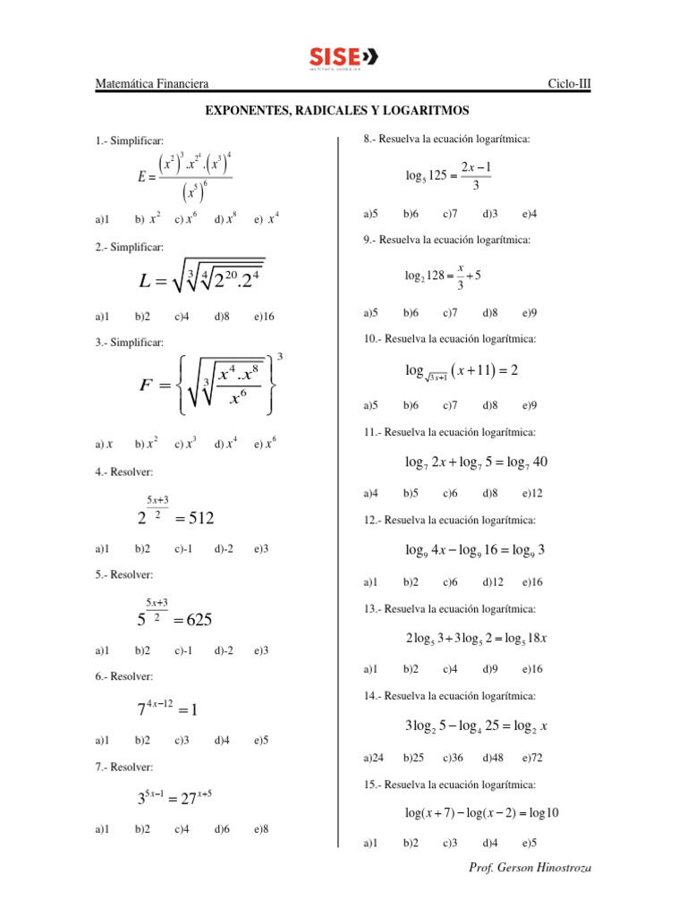 Exponentes, Radicales y Logaritmos | PDF | Ajedrez | Matemáticas