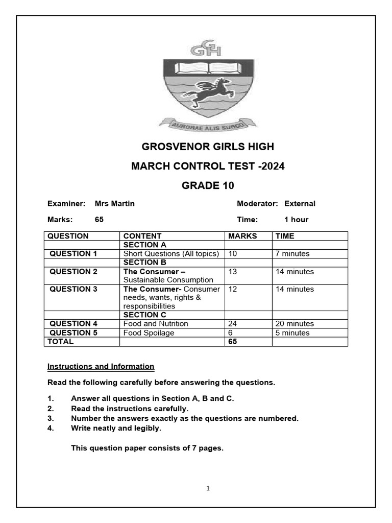 Grade 10 Consumer 2024 March Test-2 | PDF | Meal | Foods