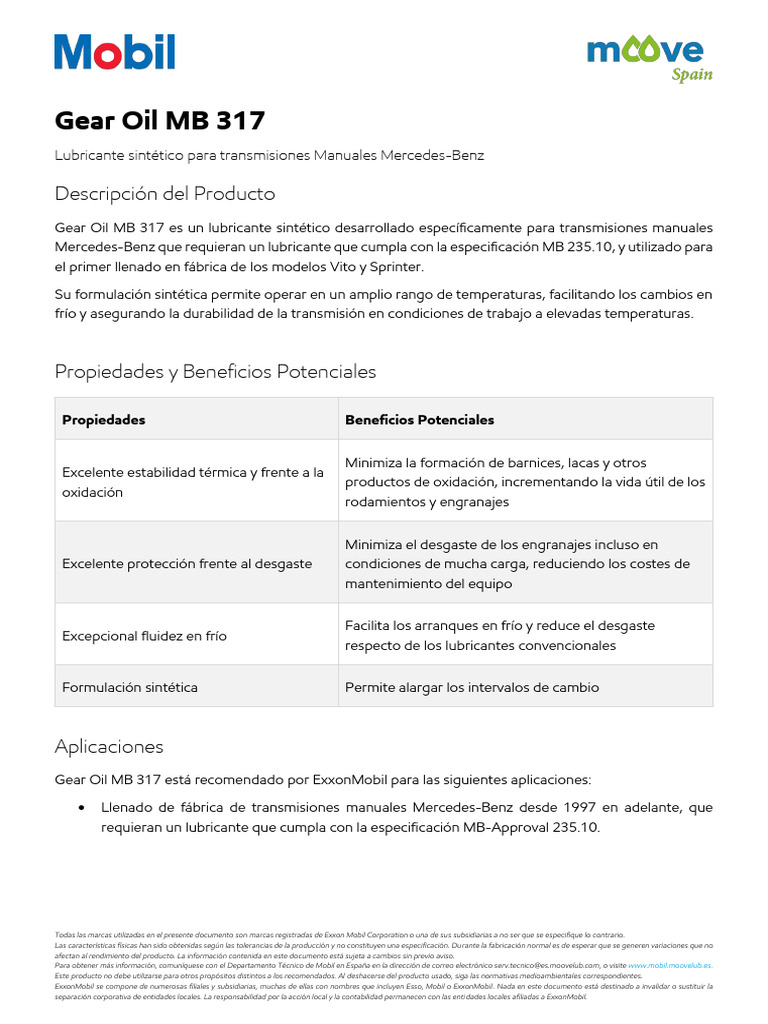 Lubricante Gear Oil MB 317 para Mercedes-Benz | PDF | Exxon Mobil | Lubricante