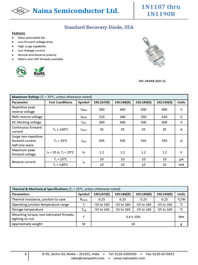 Standard Recovery Diodes 35A Specifications | PDF | Diode | Electrical ...
