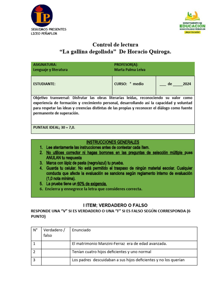 Control de Lect. La Gallina Degollada | PDF
