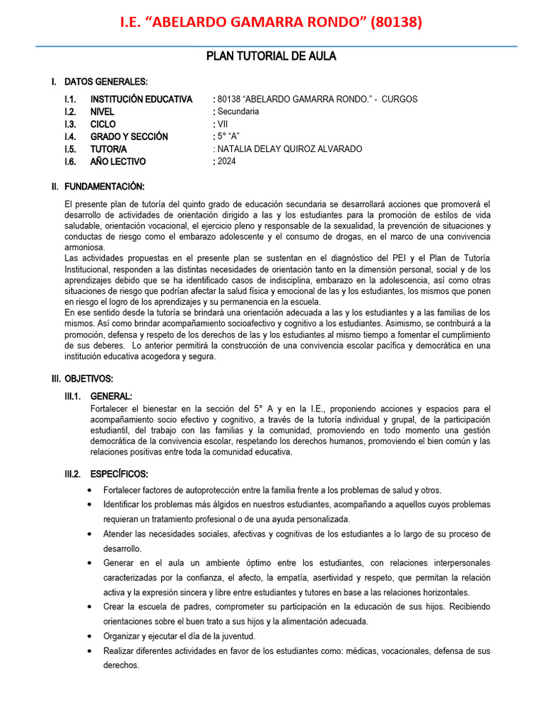 Plan Tutorial de Aula - 5° A | PDF | Salón de clases | Conceptos ...