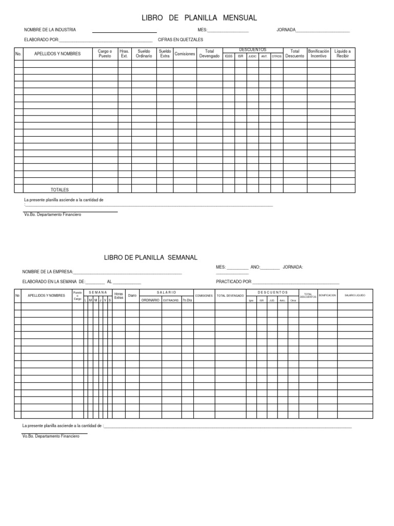 Formato de Planilla Mensual y Semanal | PDF | Labor | Gestión de recursos humanos