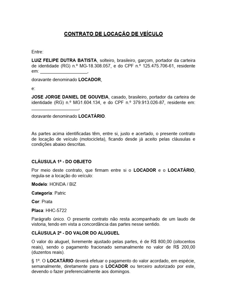 Modelo de Contrato de Locacao de Veiculo Simples para Word para ...