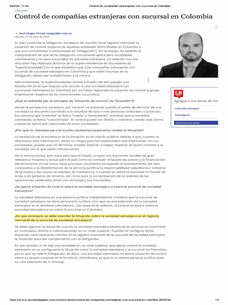 Control de compañías extranjeras con sucursal en Colombia | PDF ...