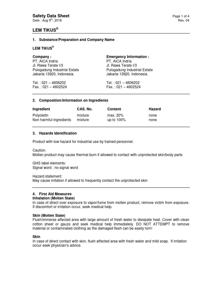 MSDS LEM TIKUS | PDF | Personal Protective Equipment | Firefighting