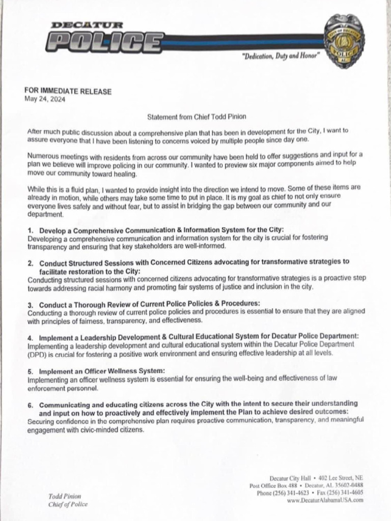 Chief Todd Pinion Plan Statement Released | PDF