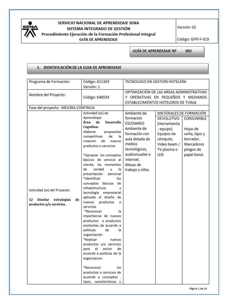 GFPI-F-019 Guia de Aprendizaje R2 Gestion 598209 Diseñar | PDF | Producto (Negocio) | Hotel
